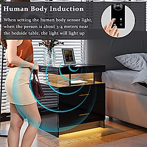 HNEBC Auto LED Nightstand with Wireless Charging Station & USB Ports,High Gloss Bedside Tables with 2 Drawers,Floating Nightstand with 3 Color & Adjustable Brightness Embedded LED Light