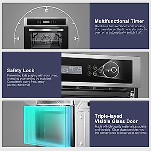 AMZCHEF Single Wall Oven 24" Built-in Electric Ovens with 11 Functions, 8 Automatic Recipes, 2800W, 240V, 2.5Cu.f Convection Wall Oven in Stainless Steel, Touch Control, Timer, Safety Lock,Upgraded