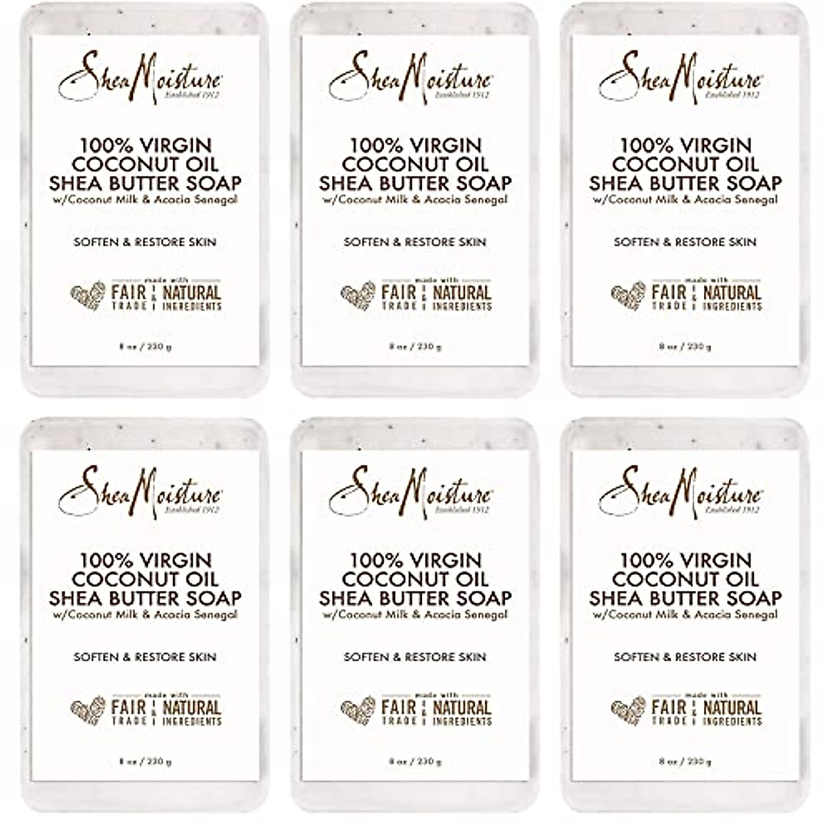 SheaMoisture Shea Butter Body Wash Bar Soap, Cleansing Skin Care to Soften & Restore, 100% Virgin Coconut Oil with Coconut Milk, Shea Butter & Acacia Senegal, 8 Oz Bar - 6 pack