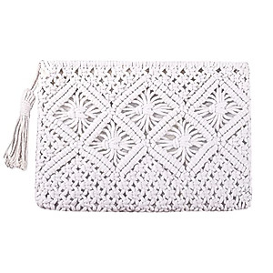 DIGOGO Women's Straw Clutch Purse Summer Beach Handbag Cotton Crochet Bohemian Purse White