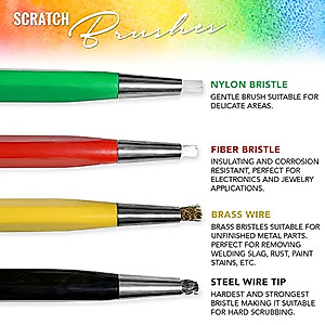 Pixiss Scratch Brush Pen Set with Replacement Tips, Fiberglass, Steel, Brass, Nylon, 5-inches Pen Style Prep Sanding Brush 4-Pack for Corrosion, Rust, Jewelry, Circuit Boards and Auto Body Work