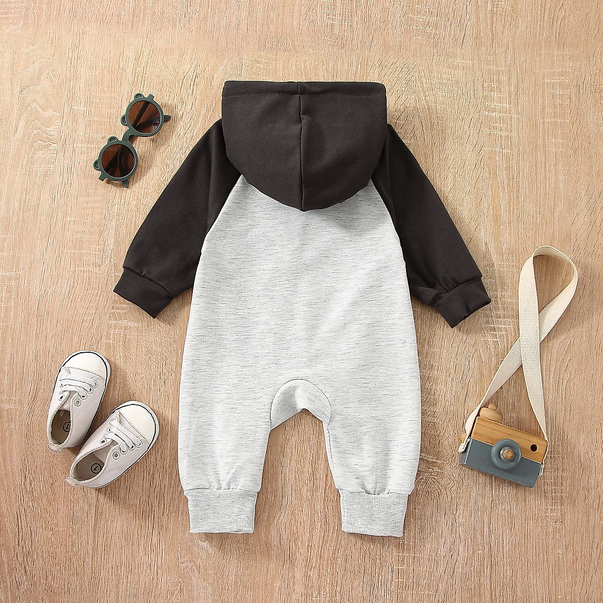 VISGOGO Baby Girls Boys Romper Contrast Color Long Sleeve Hooded Jumpsuit Zipper Autumn Outfit 0-24 Months (Dark Gray, 6-12 Months)