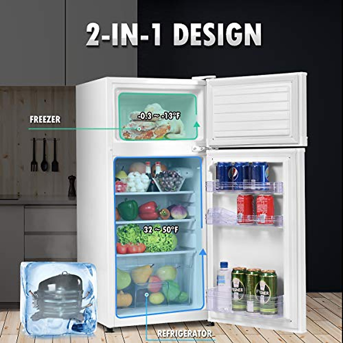 Moccha 3.4cu ft. Compact Refrigerator, Fridge Freezer w/Double Doors, 7 Levels Thermostat, Quiet Mini Fridge for Kitchen, Dorm, Apartment, Bar, Office (White)