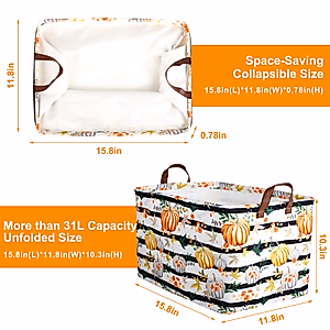Funnewban Halloween Jack-O-Lantern Pumpkin Storage Bin Basket Collapsible with Leather Handles Waterproof Canvas Storage Cube Box for Closet Toys Clothes Nursery Room Decor Gift Basket