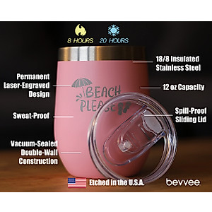 Beach Please - Travel Wine Tumbler with Sliding Lid - Stemless Stainless Steel Insulated Cup - Cute Funny Outdoor Camping Gift - Pink