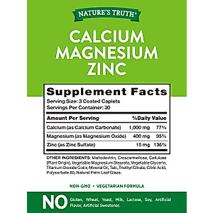 Calcium Magnesium Zinc Supplement | 90 Caplets | Non-GMO and Gluten Free | by Nature's Truth