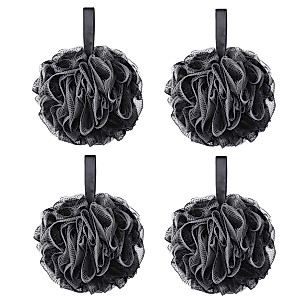 Tbestmax 75g XL Black Loofah Sponge for Exfoliating, Soft Shower Puff Bath Ball Body Scrubber Mesh Pouf 4 Set