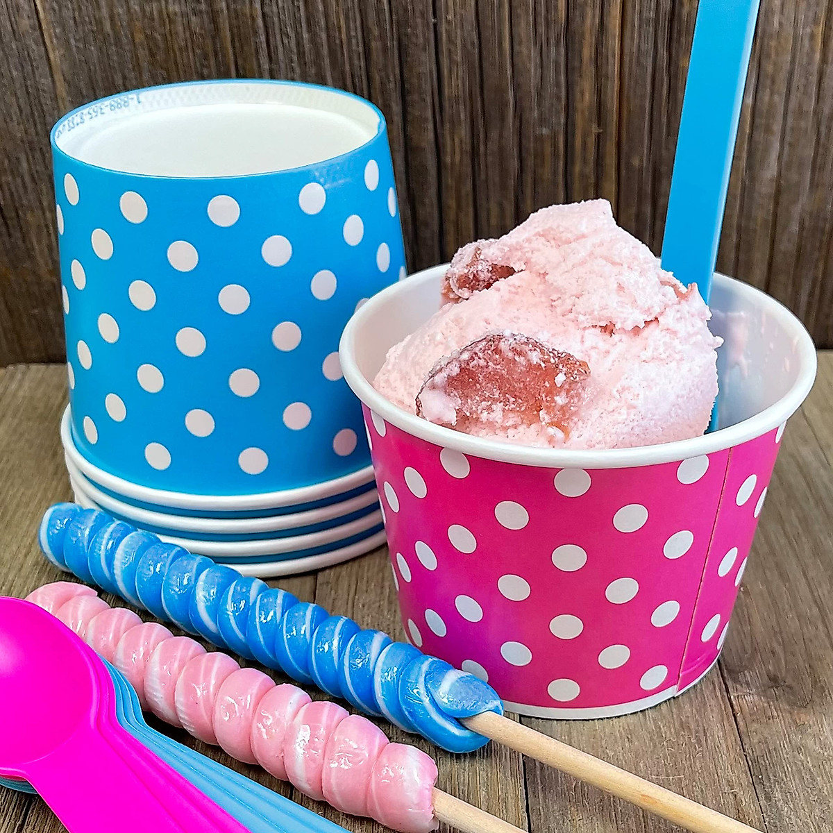 Outside the Box Papers Gender Reveal Ice Cream Party Kit - 12 Ounce Pink and Blue Dessert Treat Cups - Heavyweight Plastic Spoons - 24 each Cups and Spoons