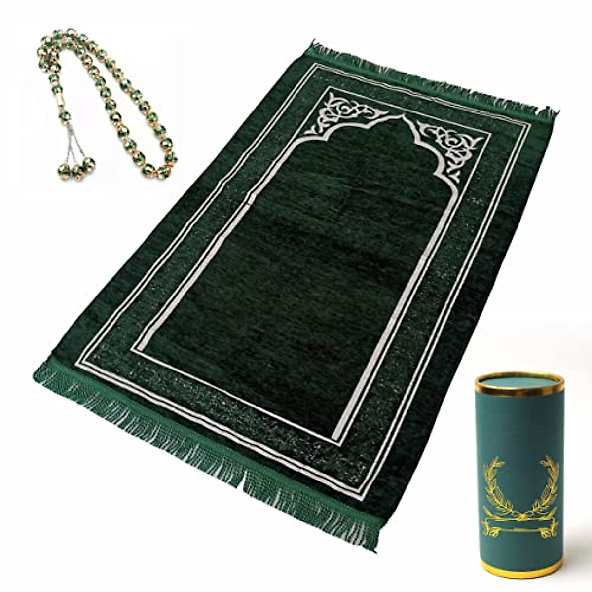 5656 Muslim Prayer Rug in Nice Gift Box Chenille Jacquard Prayer Mat Muslim for Men and Women Perfect Ramadan Gifts Special Fashion Design Portable Prayer Mat with Beads 33 Hajji Gift Sets (Green)