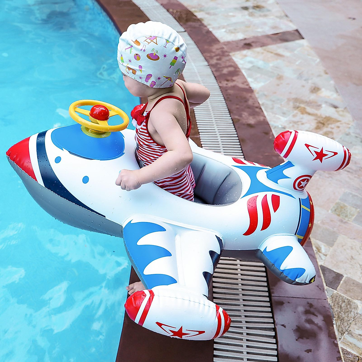 Swimbobo Toddler Pool Float with Seat Boat Inflatable Ride-on Airplane Baby Floatie for Kids Outdoor Toys(White Airplane)