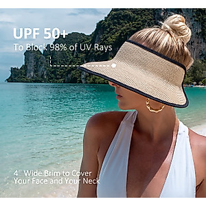 Joywant Sun Visor Hats for Women, Women's Summer Ponytail Foldable Straw Beach Hat with UPF 50+ Beige