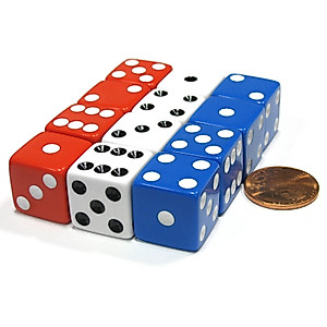 Set of 12 Six Sided 16mm D6 Dice - Patriotic USA 4 Each of Red White & Blue by Koplow Games