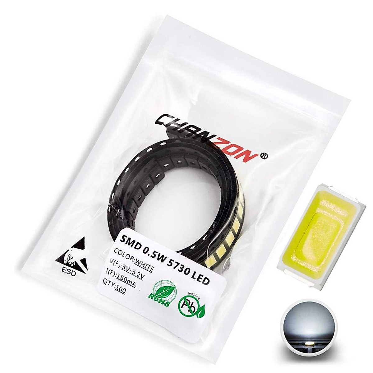 Chanzon 100 pcs 5730 (5630) White 6000K SMD LED Diode Lights Chip (5.7mm x 3.0mm DC 3V 150mA 0.5W 50-55LM) High Intensity Super Bright Lighting Bulb Lamps Electronics Components Light Emitting Diodes