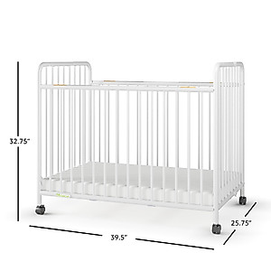 Child Craft Little Dreamer Metal Compact Folding Portable Crib with 2” Crib Mattress and 2 Easy Roll Locking Wheels, Durable Metal Construction, Easy to Clean (White)