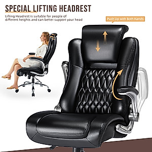 High Back Office Chair with Flip-up Armrests - Lifting Headrest, Built-in Adjustable Lumbar Support, Comfortable Home Office Chair, Executive Office Chair, Ergonomic Design, Sturdy Metal Base