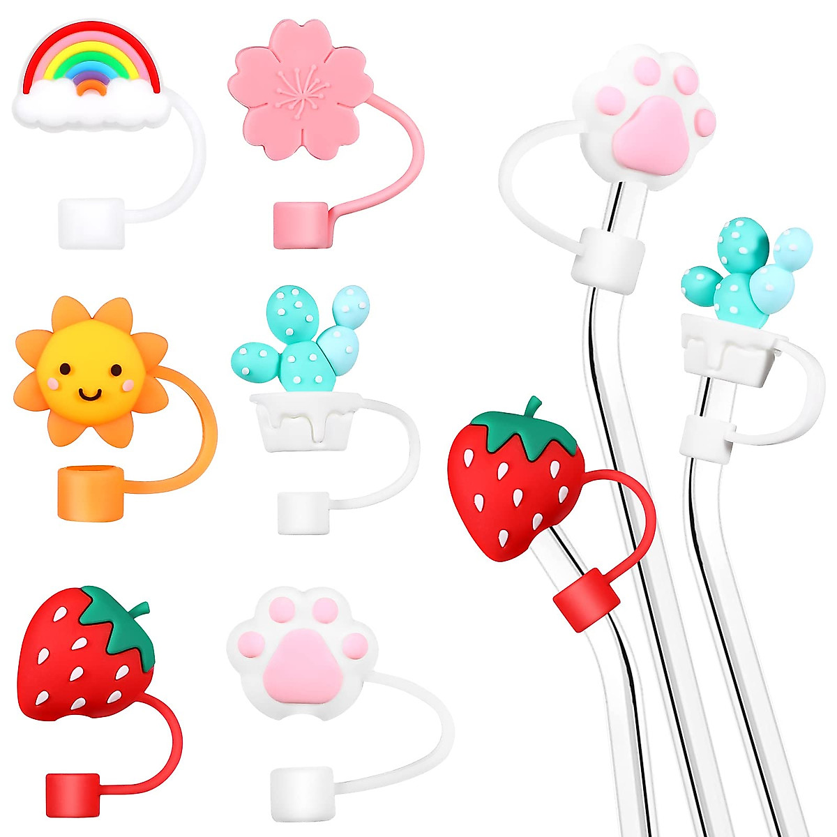 Silicone Straws Silicone Straw Tips Cover 6pcs Cute Straw Cover Caps Cartoon Drinking Straw Tips Lids for 6-8mm Straws Reusable Straw Plugs Straw Cup Accessories Silicone Straws Reusable
