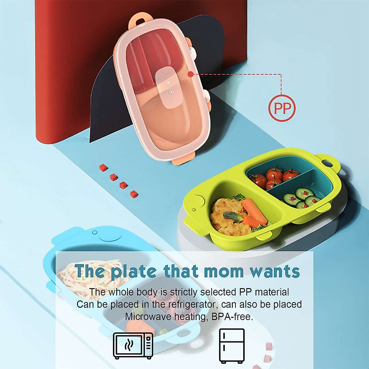 Kids Divided Plate, 3 PCS(Plate with Lid and Inner Dish), Toddler Dishes Tableware, Dishwasher-Safe for Baby Feeding Dinner Plate (Tangerine)