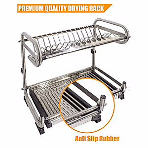 Kitchen Hardware Collection 2 Tier Dish Drying Rack Stainless Steel Wall Mounted Or Stand On Countertop Draining Rack 23.2 Inch Length 20 Dish Slots Organizer with Drainboard for Cup Plate Bowl