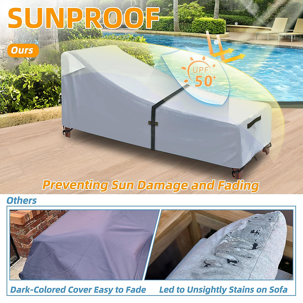 Zenicham Patio Chaise Lounge Cover with Handles, Outdoor Lounge Chair Cover Waterproof UV Resistant, Patio Furniture Covers with Air Vent (76L x 32W x 32H) inch