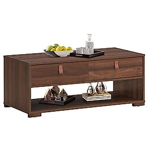 Tangkula Coffee Table with Drawers, Industrial Accent Cocktail Table with 2 Drawers & Open Storage Shelf, Wooden Rectangular Sofa Table for Living Room Home Office (Walnut)
