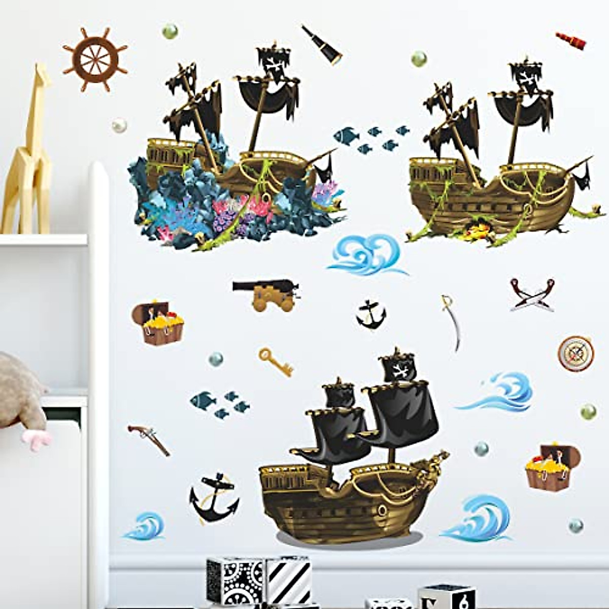 4 Sheet Pirate Ship Wall Sticker Shipwreck Wall Decal DIY Self-Adhesive Waterproof Waves Treasure Fish Hook Pearl Coral Reef Wall Art Decoration for Kitchen Bathroom Kids Boys Bedroom Playroom Nursery (A)