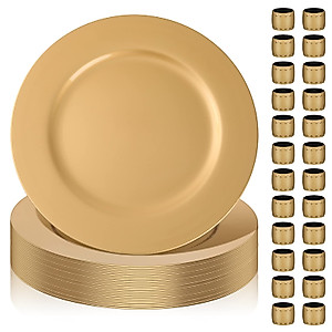 24 Sets Gold Charger Plates with Napkin Rings, 13" Round Plastic Dinner Plate Reusable Charger and Service Plate for Dinner, Wedding, Party, Event, Decoration