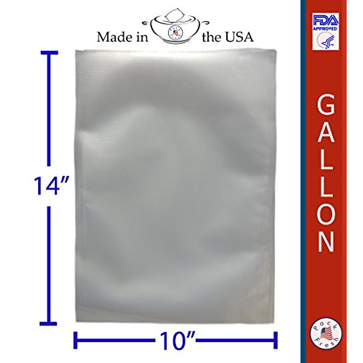 PackFreshUSA: Gallon Vacuum Sealer Bags (10" x 14") - Pre-Cut - BPA Free - Heat Sealable - Heavy Duty - Commercial Grade - Meal Prep - Sous Vide - Made in USA - 100 Pack
