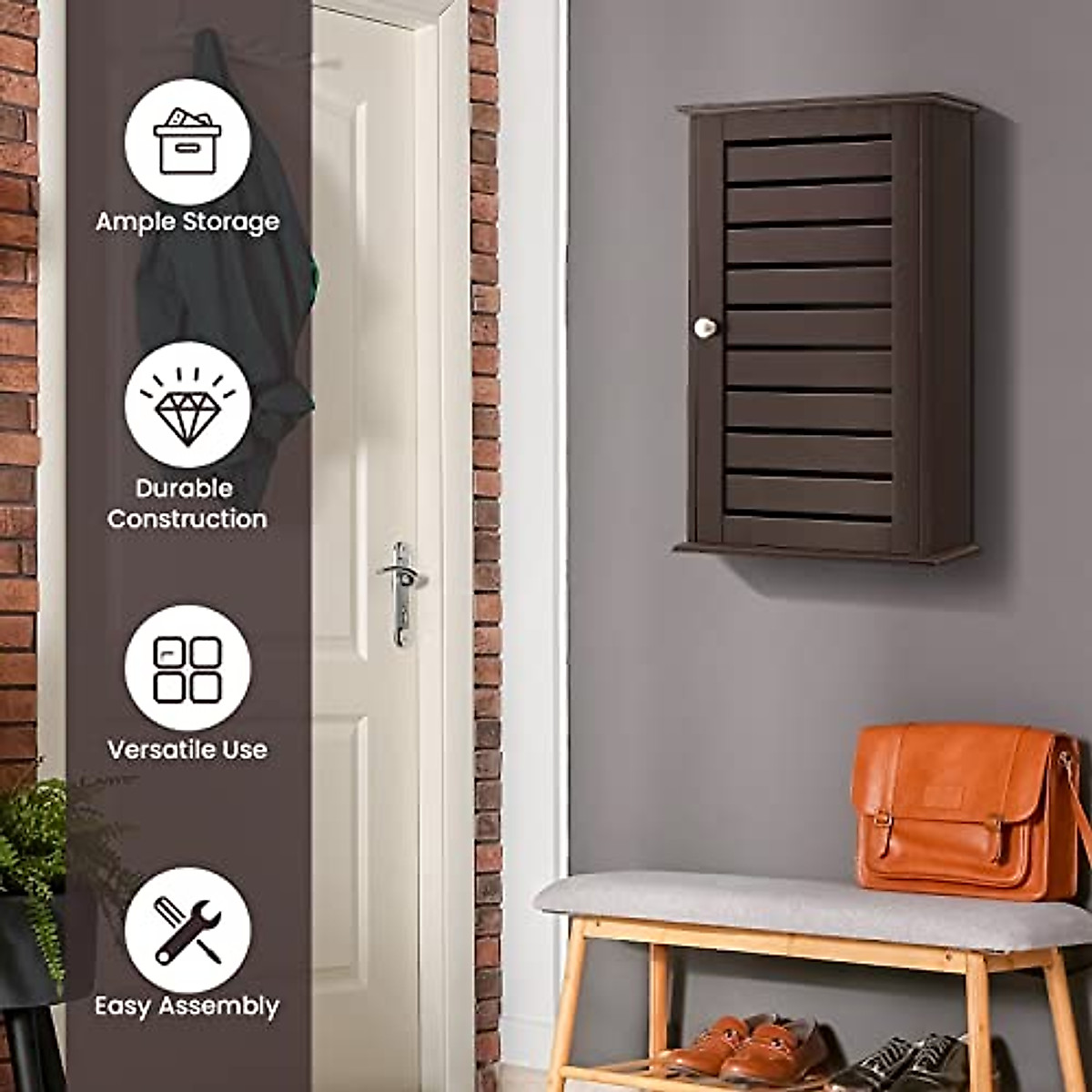COSTWAY Wall Mounted Bathroom Cabinet, Wooden Storage Cabinet with 2 Adjustable Shelves and Reversible Door, Versatile Hanging Medicine Cabinet for Living Room, Kitchen, Entryway (Brown)