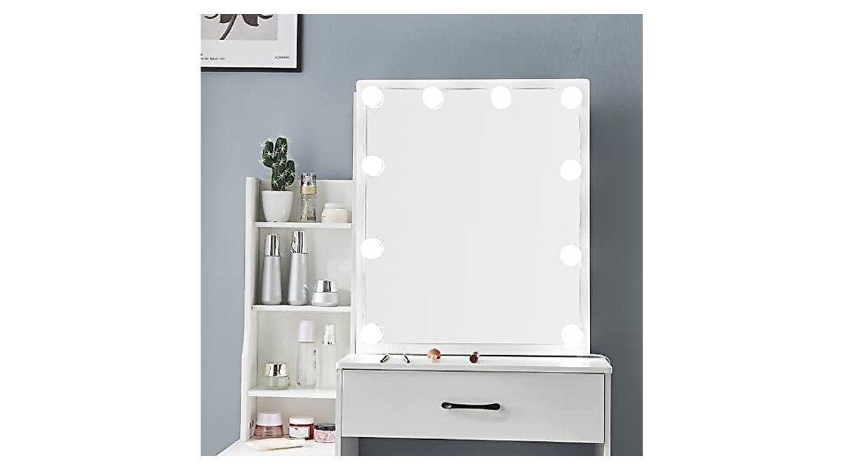 Modern Lighted Vanity Set with 5 Drawers - White