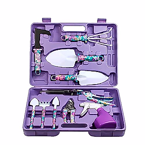 Jhua Garden Tool Set, 10 Pieces Gardening Tools Kit with Purple Flower Print, Ergonomic Handle Trowel Rake Weeder Pruner Shears Sprayer, Garden Hand Tools with Carrying Case Gardening Gifts for Women