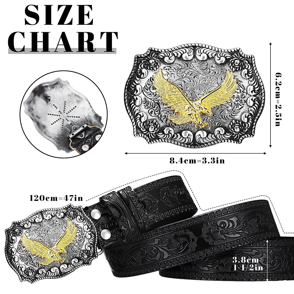 Photect Western Leather Buckle Belts Cowboy Animals Buckle Belt Embossed Cowboy Belts for Men, 1.5 Inch Wide (Black, 45.3 Inch)
