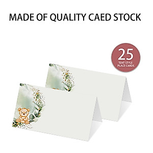 Place Cards for Greenery Bear Party, Editable Name Place Cards, Seating Place Cards for Tables, Tent Style Cards for Baby Shower, Birthday Party, Easy Folding, Pack of 25 Escort Cards(B02)