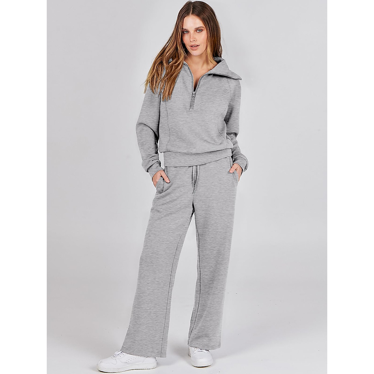 ANRABESS Women 2 Piece Outfits Sweatsuit Oversized Sweatshirt Sweatpants Tracksuit Sweat Lounge Matching Set 2025 Fall Trendy Light Grey Medium
