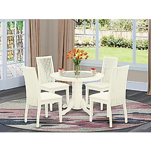 East West Furniture SHIP5-WHI-C 5 Piece Dining Room Furniture Set Includes a Round Kitchen Table with Pedestal and 4 Linen Fabric Upholstered Dining Chairs, 42x42 Inch, Linen White