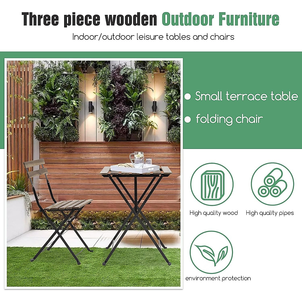 BLKMTY Patio Bistro Set 3-Piece Outdoor Patio Furniture Sets Folding Table and Chairs Wood Bistro Set Balcony Cafe Table Square Patio Table Chair for Porch, Garden, Backyard, Chestnut Brown