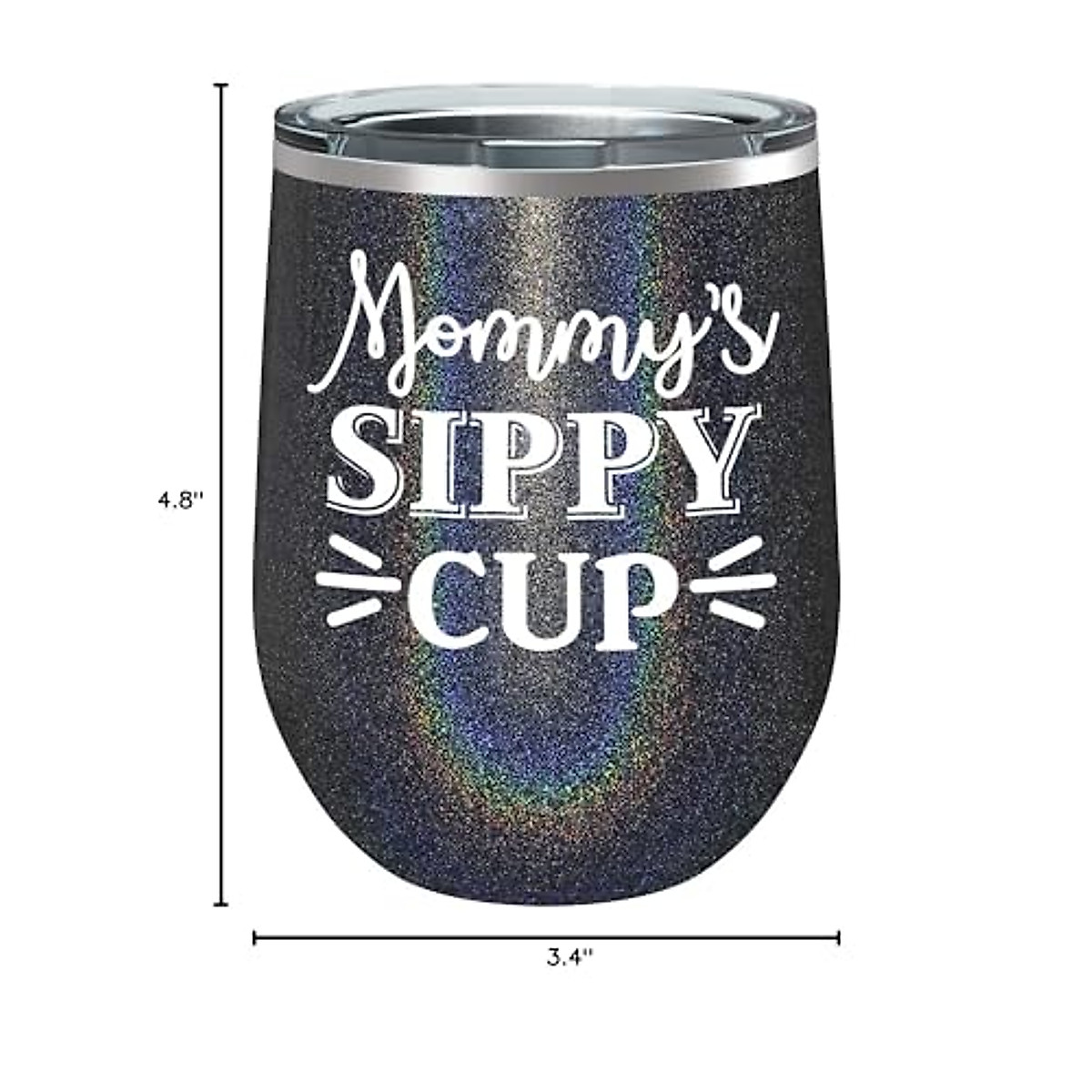 Mommy's Sippy Cup Wine Tumbler Black Glitter 12 oz Stainless Steel Stemless Glass with Lid for Mother's Day, Birthday, Christmas Gift for Mom