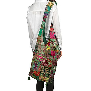 Tribe Azure Women Fashion Hobo Floral Shoulder Bag Monk Style Canvas Sling Tote Handbag Crossbody Roomy Summer Spring Chic (Green)