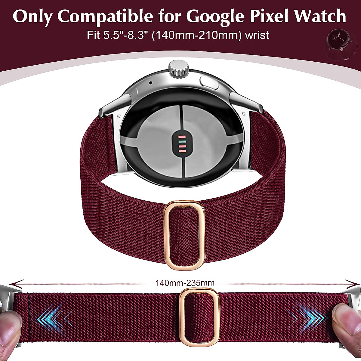 2 Pack Stretchy Nylon Compatible for Google Pixel Watch 2 /Pixel Watch Band, Replacement Soft Braided Sport Elastic Wristbands Accessories Women Men Straps for Pixel Watch 2/1,Pink+Wine