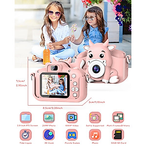 GREENKINDER Kids Camera, Toddler Digital Camera for Ages 3-12 Year Old Girls Boys Childrens, Christmas Birthday Toys Gifts, Selfie Camcorder HD 1080P Video 32GB Calf Pink