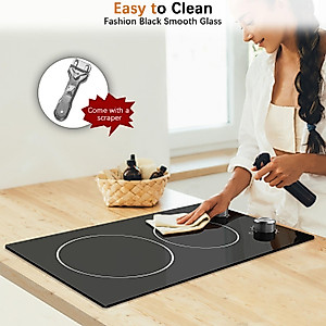 Noxton 110v Electric Cooktop 2 Burners, Plug in Electric Stove 12 Inch, Built-in or Above the Counter Use, 9 Power Level, Knob Control Ceramic Stovetop, Great for the Elderly