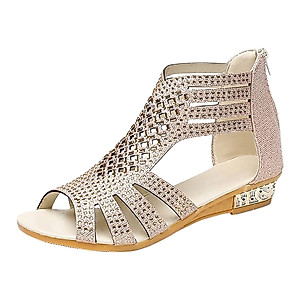 Wedge Sandal for Women Ankle Strap Flatform Arch Support Fish Mouth Toe Retro Platform Shoes Non-Slip Breathable Cushion Wide Sparkle Sparkly Glitter Hollowed out Back Zipper Rhinestone H32-Beige