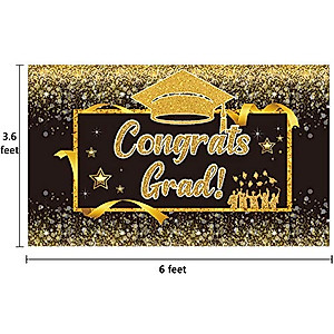 Ushinemi Congrats Grad Backdrop Congratulations Graduate 2023 Banner - Class of 2023 Party Decorations, 6x3.6 Ft, Black and Gold