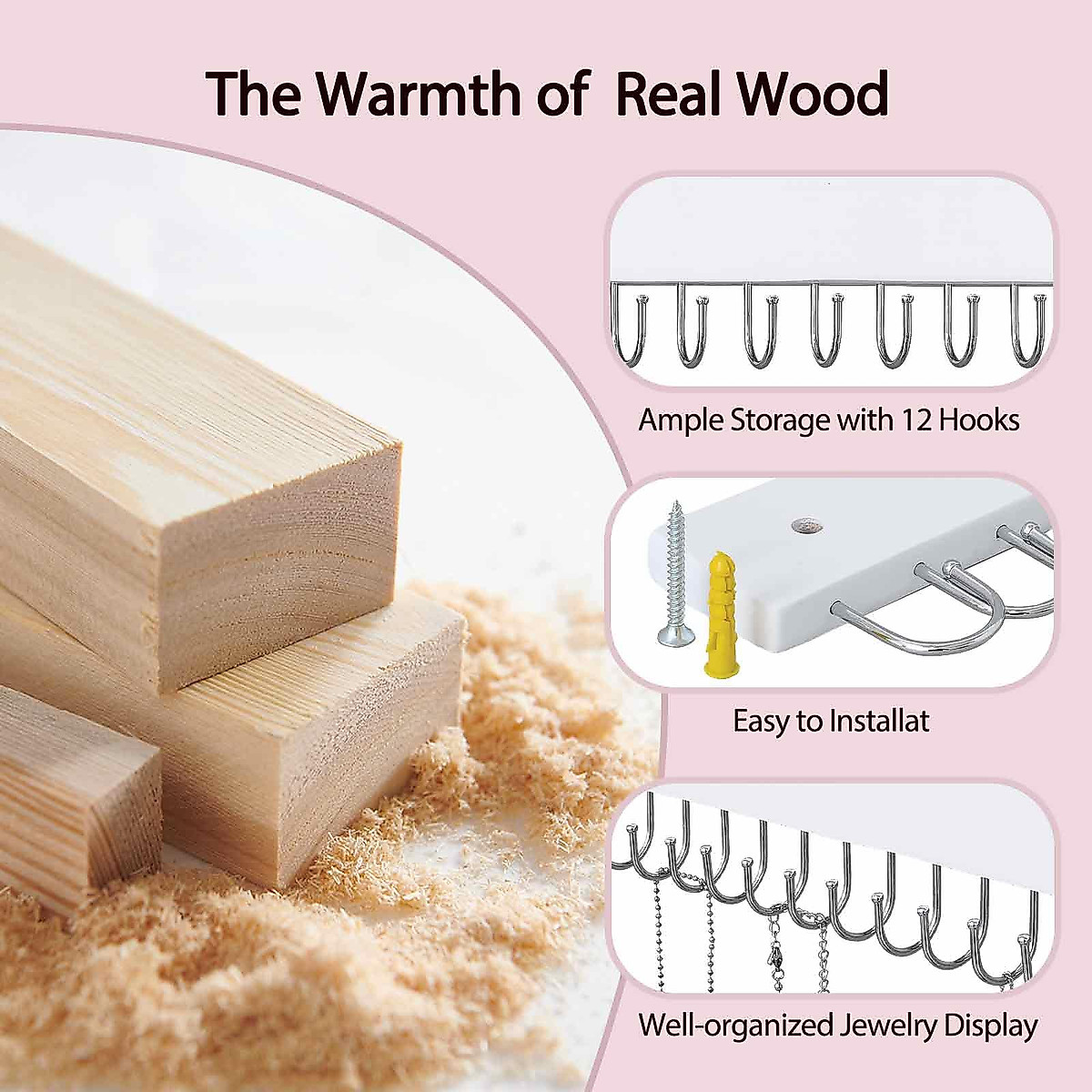 SCUNDA Hanging Jewelry Organizer Wall Mounted, Modern Wall Jewelry Display with 28 Hooks, Decorative Necklace Holder for Wall, Space-Saving Necklace Hooks, (2-Pack, White)