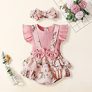 Kiluex Newborn Baby Girl Clothes Summer Romper Ruffle Sleeve One-Pieces Jumpsuits Bodysuit Infant Outfits with Headband (Pink, 3-6 Months)