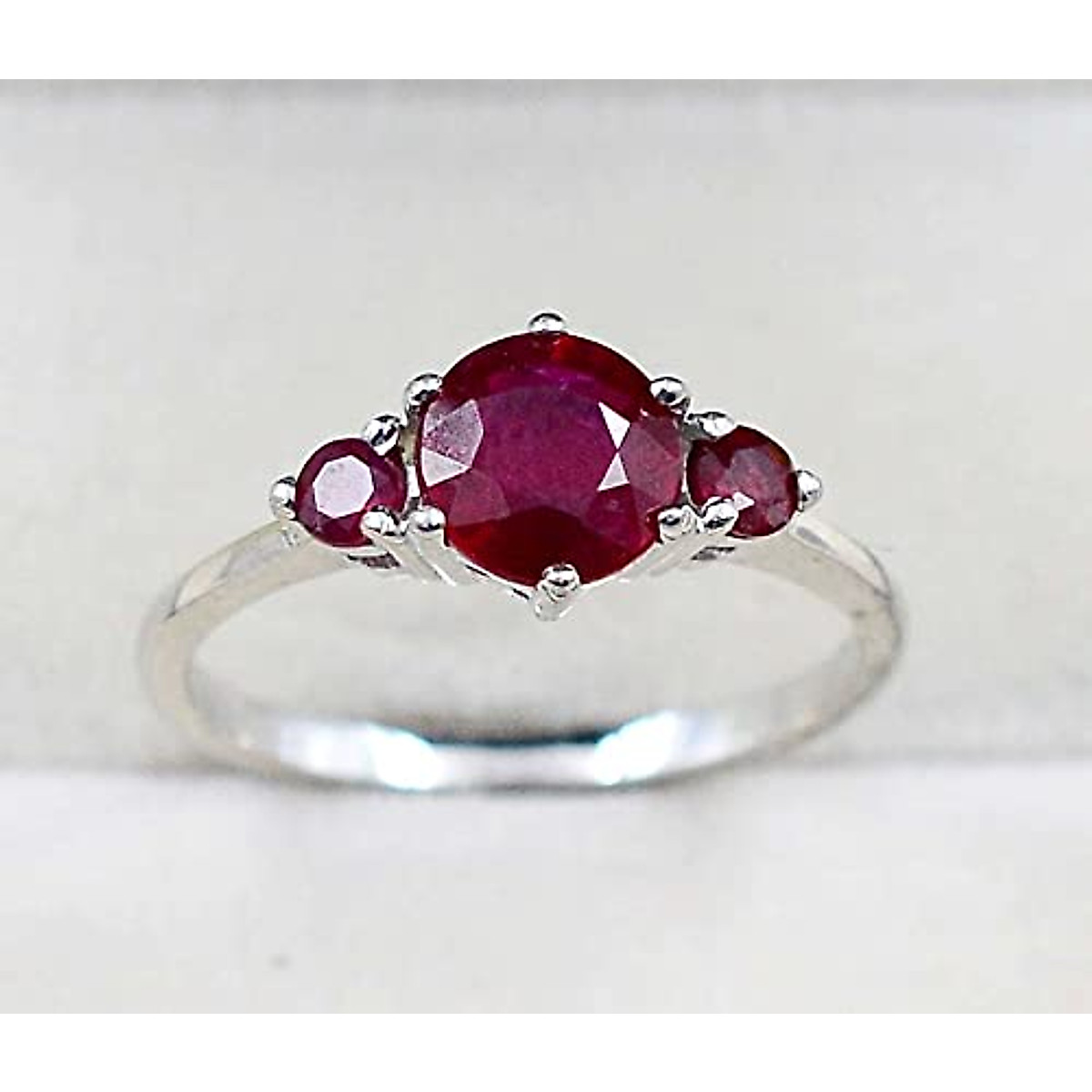 925 Sterling Silver Natural Red Ruby Gemstone 7 MM Round Cut July Birthstone Three Stone Cluster Unisex Ring For Birthday Gift (Rhodium Plated Silver, 6)