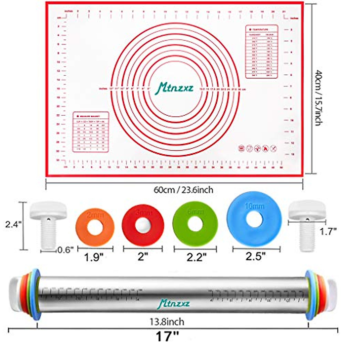 Rolling Pin and Silicone Baking Pastry Mat Set, Stainless Steel Dough Roller, Rolling Pins with Adjustable Thickness Rings, for Baking Dough, Pizza, Pie, Pastries, Pasta, Cookies