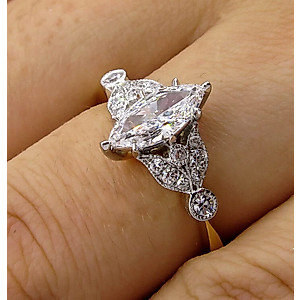 BeBold 3Ct Marquise Cut Moissanite Vintage Inspired Leaf Accent Engagement Ring for Women Sterling Silver Dual Rhodium Plated