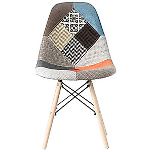 Mid-Century Modern Upholstered Plastic Multicolor Fabric Patchwork DSW Shell Dining Chair with Wooden Dowel Eiffel Legs