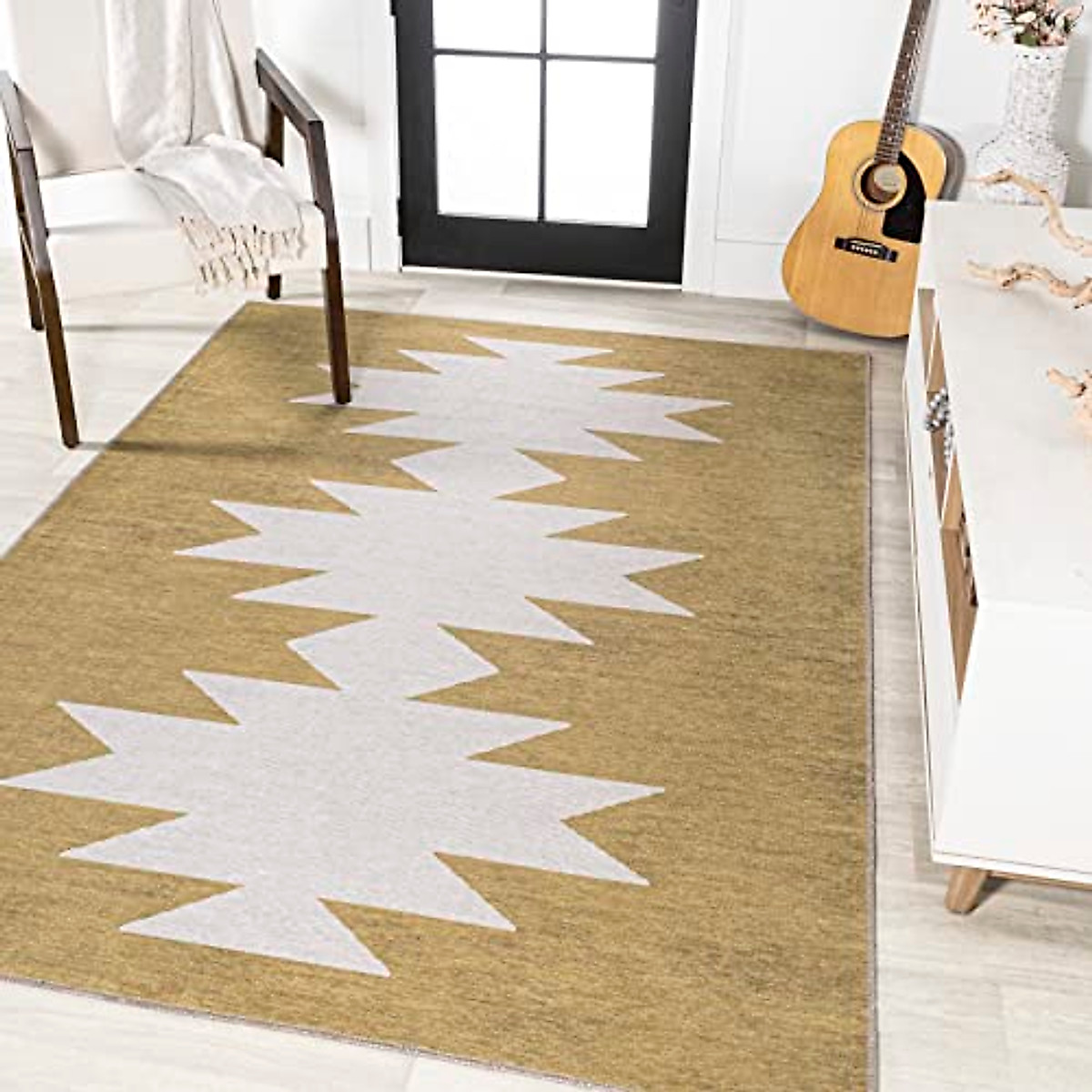 JONATHAN Y WSH110B-4 Chayton Minimalist Geometric Machine-Washable Indoor Area-Rug,Scandinavian,Southwestern,Bohemian Easy-Cleaning,Bedroom,Kitchen,Living Room,Non Shedding,Light Green/Ivory,4 X 6