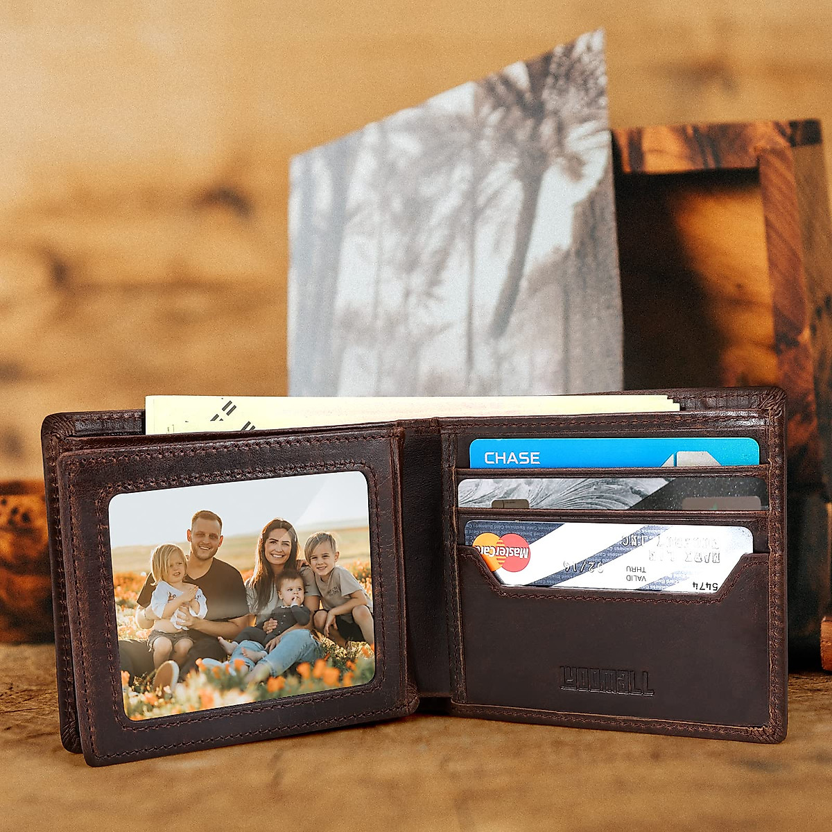 LYOOMALL Wallet for Men, Large Capacity Genuine Leather RFID Blocking Bifold Wallet/Credit Card Holder for Men, with Coin Pocket, Zipper Cash Pocket, ID Window and 10 Card Slots